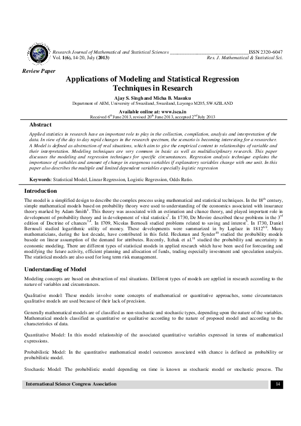 (PDF) Applications of Modeling and Statistical Regression Techniques in Research