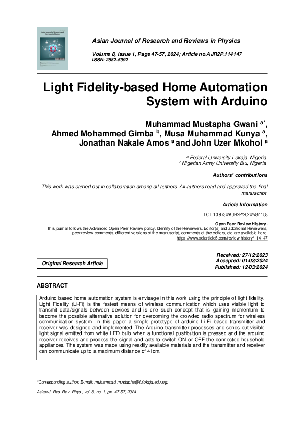 (PDF) Light Fidelity-based Home Automation System with Arduino