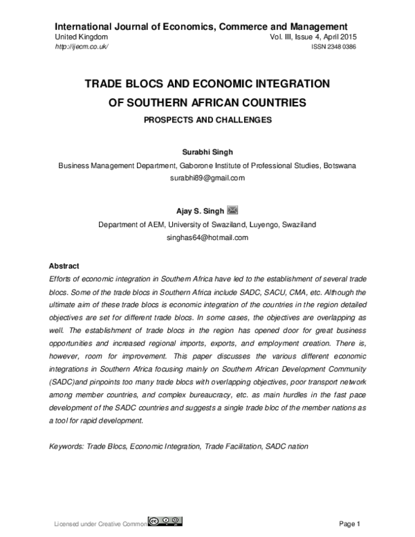 (PDF) Trade Blocs and Economic Integration of Southern African ...