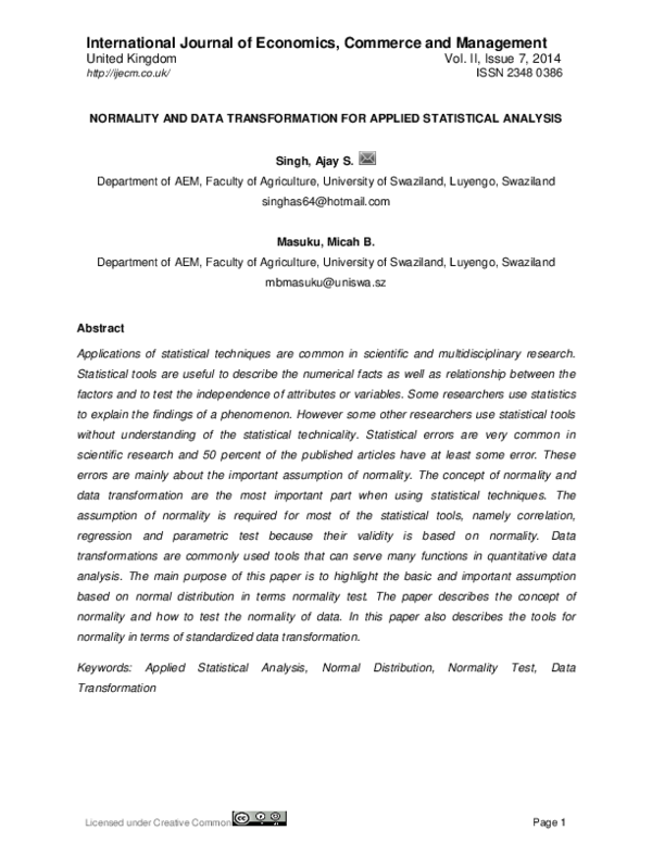 (PDF) Normality and Data Transformation for Applied Statistical Analysis