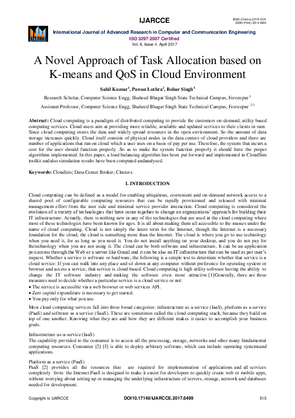 (PDF) A Novel Approach of Task Allocation based on K-means and QoS in Cloud Environment