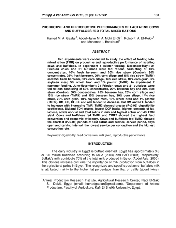 (PDF) PRODUCTIVE AND REPRODUCTIVE PERFORMANCES OF LACTATING COWS AND BUFFALOES FED TOTAL MIXED ...