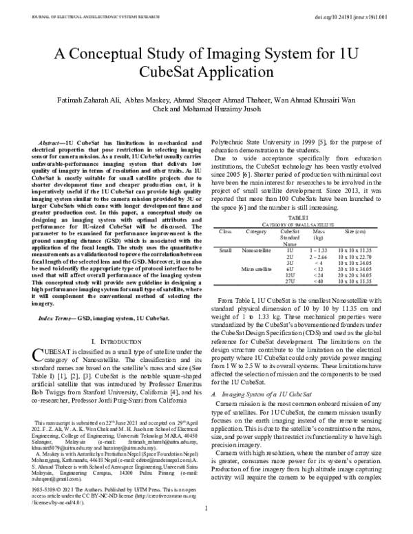 (PDF) A conceptual study of imaging system for 1U cubesat application ...