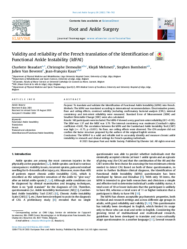 (PDF) Validity and reliability of the French translation of the ...