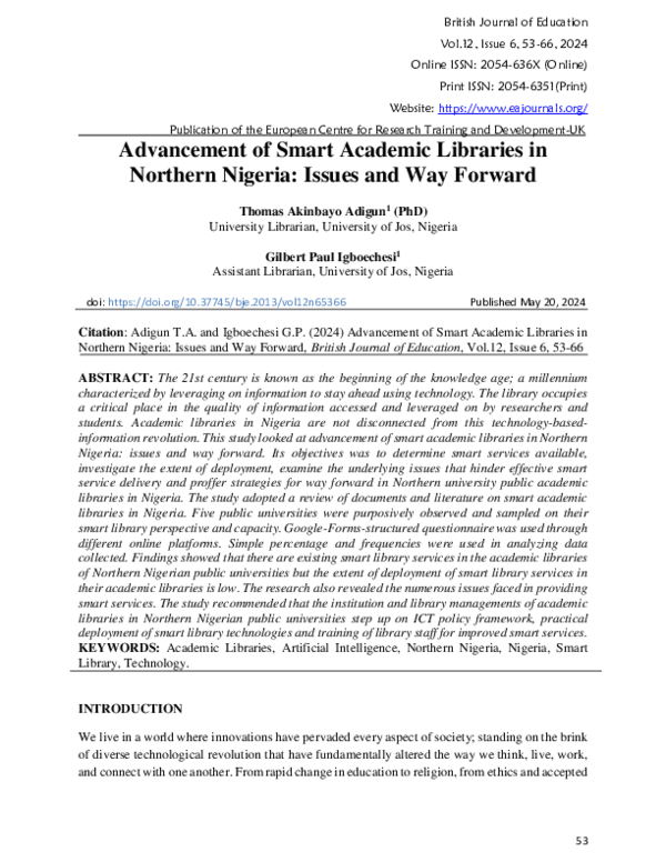 (PDF) Advancement of Smart Academic Libraries in Northern Nigeria ...