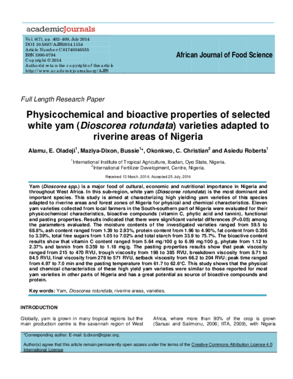 (PDF) Physicochemical and bioactive properties of selected white yam (Dioscorea rotundata ...