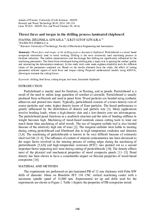 (PDF) Thrust force and torque in the drilling process laminated chipboard