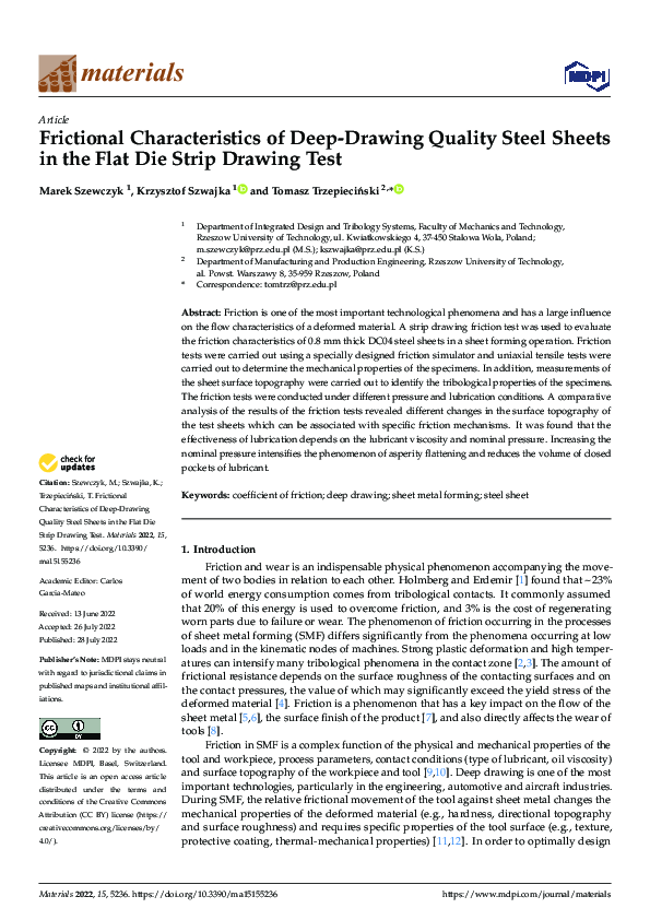 Pdf Frictional Characteristics Of Deep Drawing Quality Steel Sheets In The Flat Die Strip
