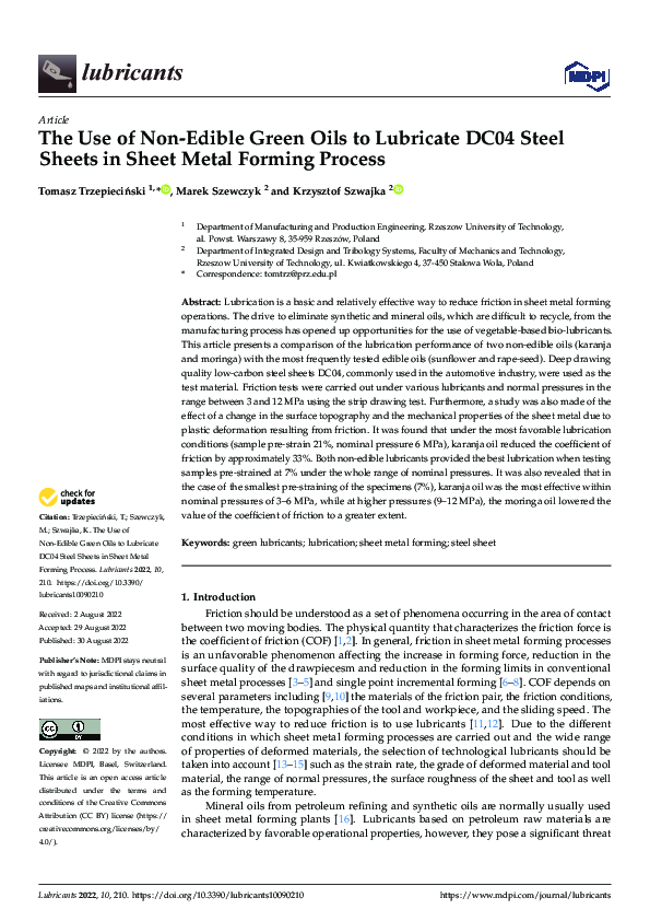 (PDF) The Use of Non-Edible Green Oils to Lubricate DC04 Steel Sheets ...