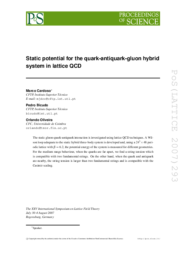 (PDF) Static potential for the quark-antiquark-gluon hybrid system in lattice QCD | Pedro Bicudo ...