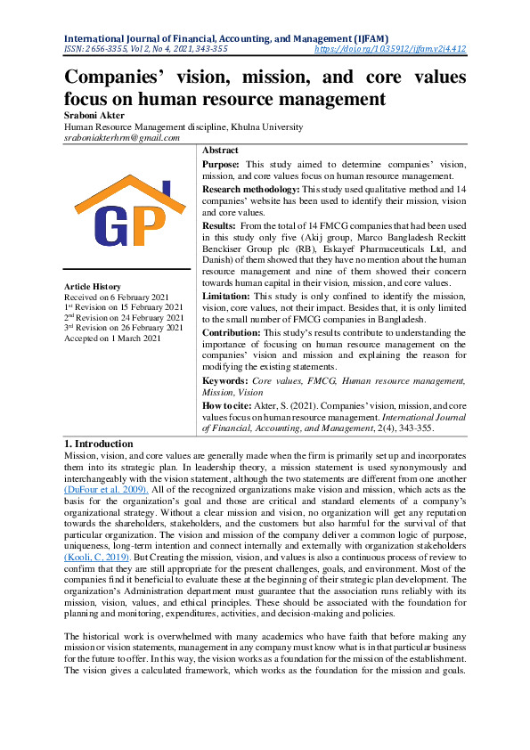 (PDF) Companies' vision, mission, and core values focus on human ...