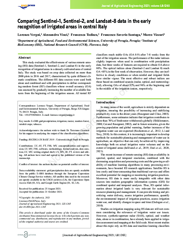 Pdf Comparing Sentinel 1 Sentinel 2 And Landsat 8 Data In The Early Recognition Of Irrigated