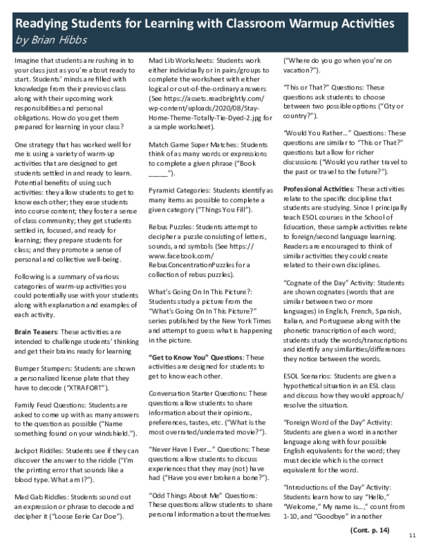 (PDF) Readying Student for Learning with Classroom Warmup Activities