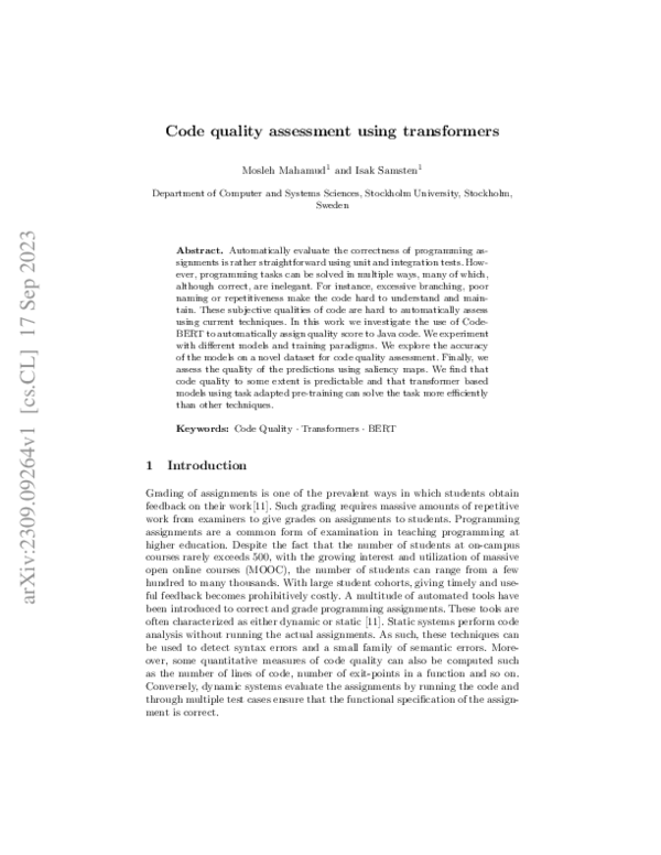 (PDF) Code quality assessment using transformers