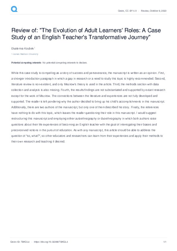 (PDF) Review of: "The Evolution of Adult Learners' Roles: A Case Study of an English Teacher's ...