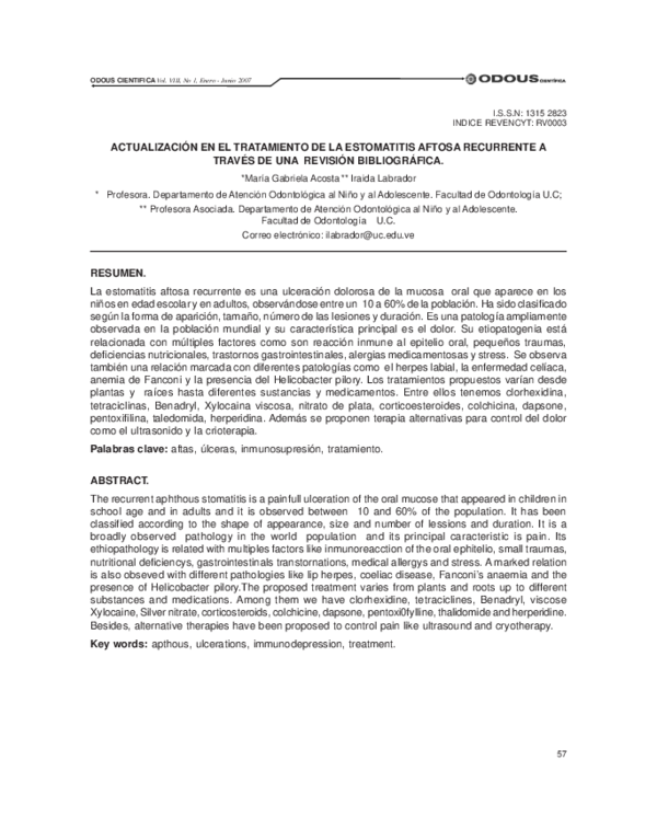 (PDF) Actualización en El Tratamiento De La Estomatitis Aftosa ...