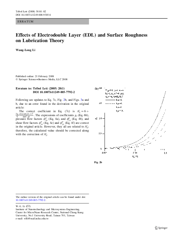(PDF) Effects of Electrodouble Layer (EDL) and Surface Roughness on Lubrication Theory