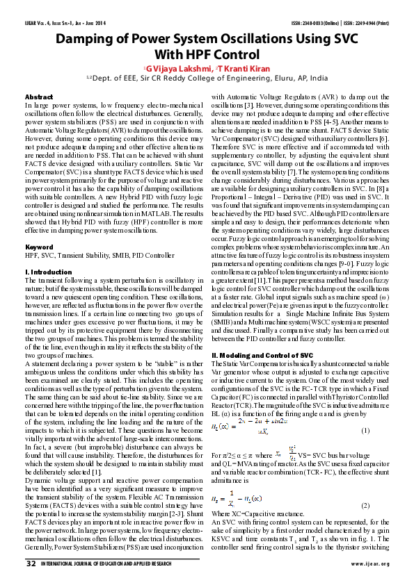 (PDF) Damping of Power System Oscillations Using SVC With HPF Control