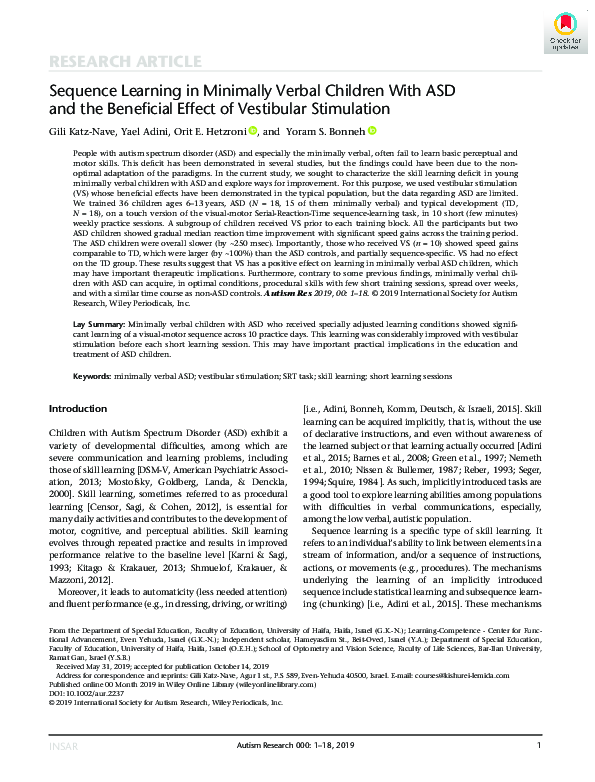 (PDF) Sequence Learning in Minimally Verbal Children With ASD and the Beneficial Effect of ...