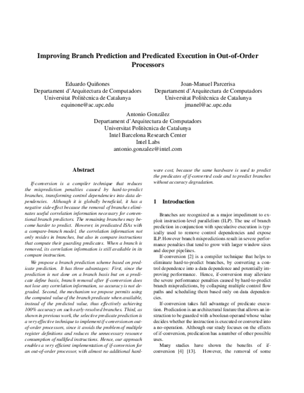 (PDF) Improving branch prediction and predicate execution in out-of-order processors