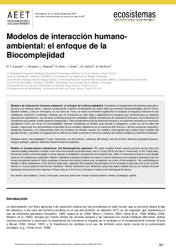(PDF) Modelos de interacción humano-ambiental: el enfoque de la Biocomplejidad