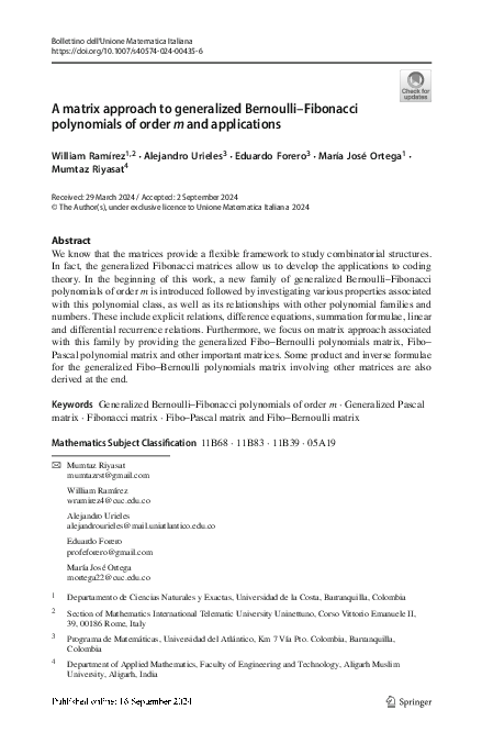 (PDF) A matrix approach to generalized Bernoulli-Fibonacci polynomials of order m and applications