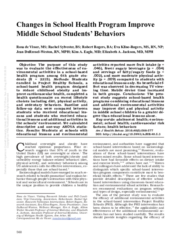 (PDF) Changes in School Health Program Improve Middle School Students ...