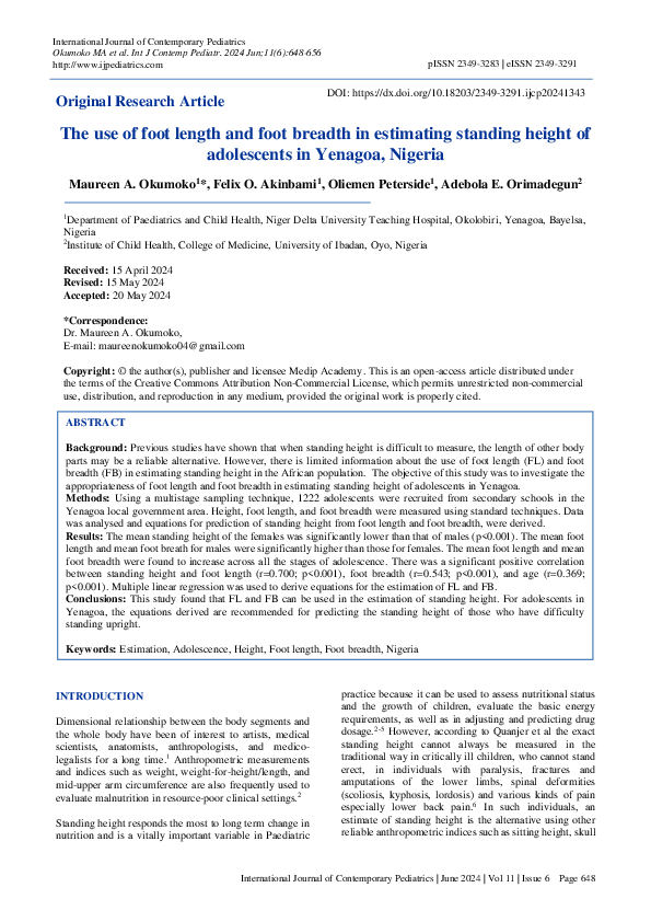 (PDF) The use of foot length and foot breadth in estimating standing ...