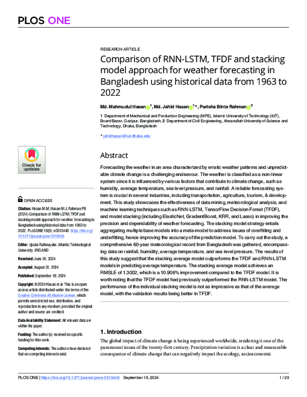 (PDF) Comparison of RNN-LSTM, TFDF and stacking model approach for weather forecasting in ...