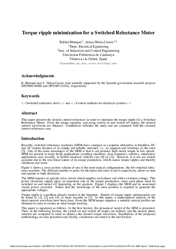 Pdf Torque Ripple Minimization For A Switched Reluctance Motor