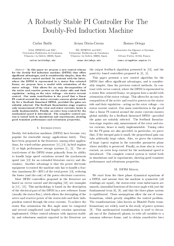 (PDF) A Robustly Stable PI Controller For The Doubly-Fed Induction ...