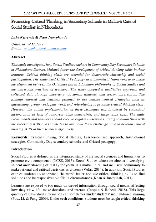(PDF) Promoting Critical Thinking in Secondary Schools in Malawi: Case ...