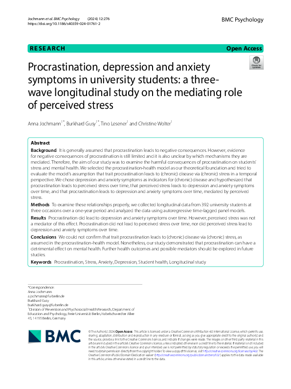 (PDF) Procrastination, depression and anxiety symptoms in university students: a three-wave ...