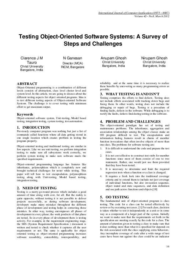 Pdf Testing Object Oriented Software Systems A Survey Of Steps And Challenges 