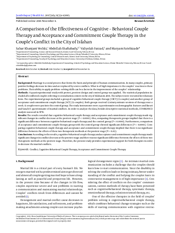 (PDF) A Comparison of the Effectiveness of Cognitive – Behavioral Couple Therapy and Acceptance ...