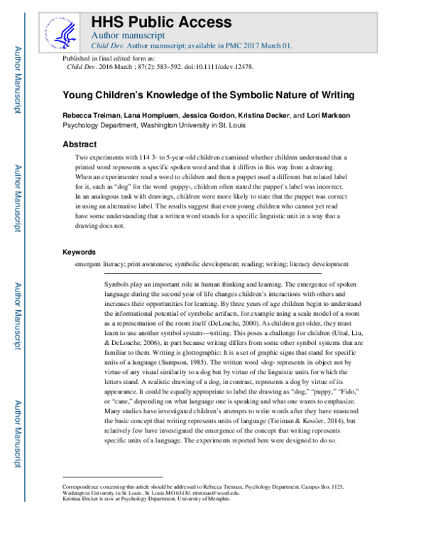 (PDF) Young Children's Knowledge of the Symbolic Nature of Writing ...