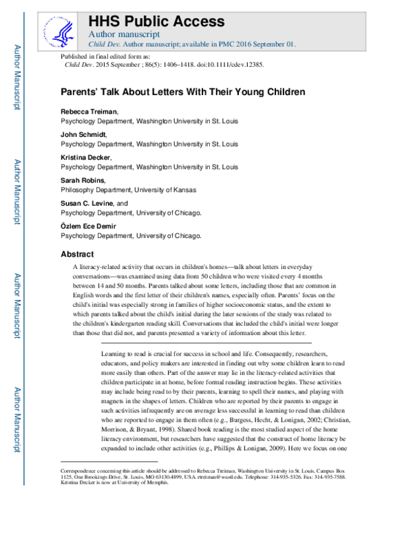(PDF) Parents' Talk About Letters With Their Young Children