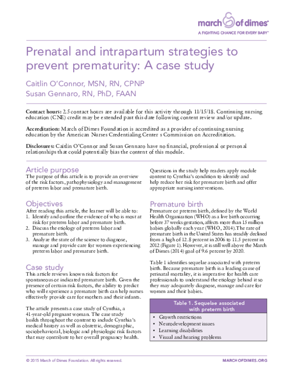 (PDF) Prenatal and intrapartum strategies to prevent prematurity: A ...