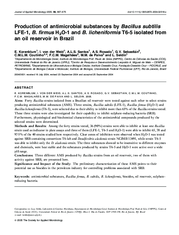 (PDF) Production of antimicrobial substances by Bacillus subtilis LFE-1 ...