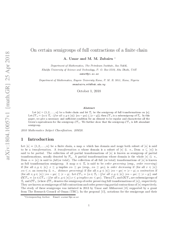 (PDF) On certain semigroups of full contractions of a finite chain