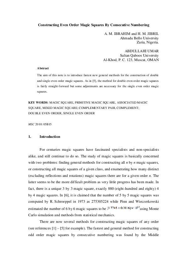 (PDF) Constructing Even Order Magic Squares By Consecutive Numbering