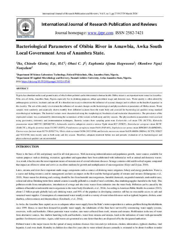 (PDF) Bacteriological Parameters of Obibia River in Amawbia, Awka South ...