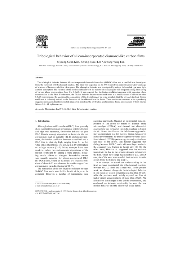 (PDF) Tribological behavior of silicon-incorporated diamond-like carbon films