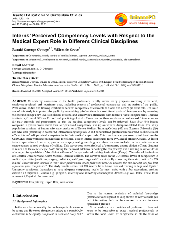 (PDF) Interns' Perceived Competency Levels with Respect to the Medical ...