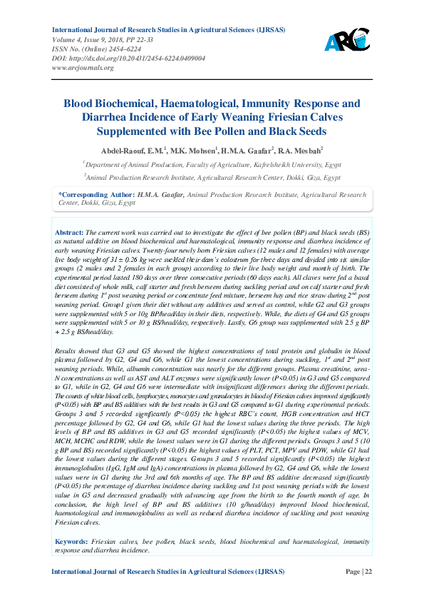(PDF) Blood Biochemical, Haematological, Immunity Response and Diarrhea Incidence of Early ...