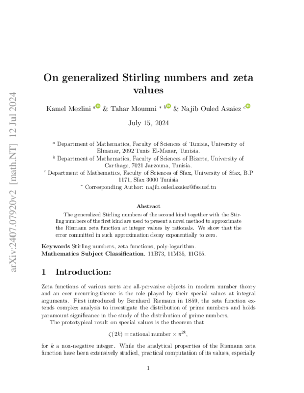 (PDF) On generalized Stirling numbers and zeta values