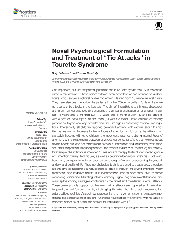 (PDF) Novel Psychological Formulation and Treatment of "Tic Attacks" in ...
