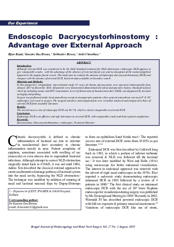 (PDF) Endoscopic Dacryocystorhinostomy: Advantage over External ...