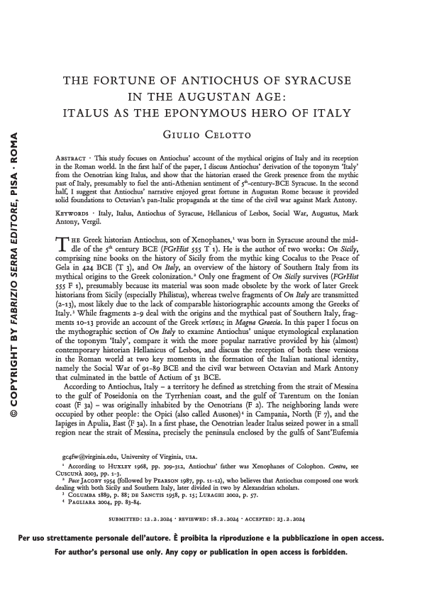 (PDF) The Fortune of Antiochus of Syracuse in the Augustan Age: Italus ...
