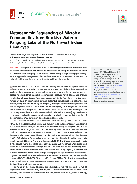(PDF) Metagenomic Sequencing of Microbial Communities from Brackish Water of Pangong Lake of the ...